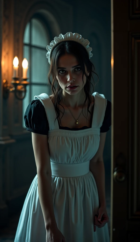 Dramatic shot of the maid looking terrified after discovering the truth ...