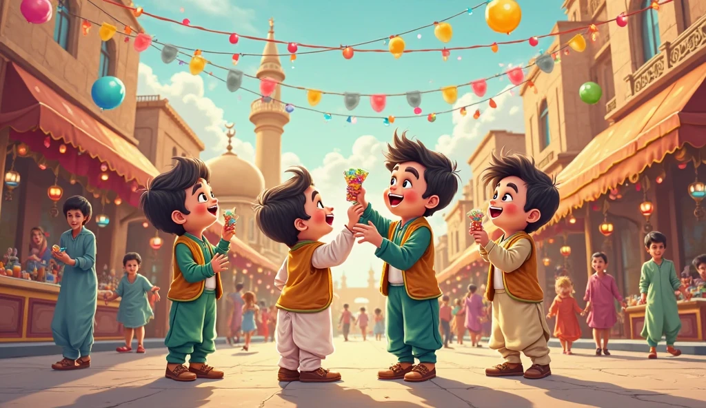 Create a cute cartoon-style image of a lively city street during Eid ...