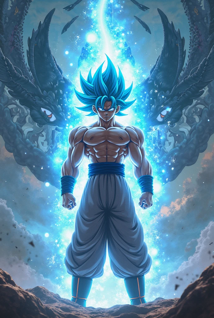 Goku super saiyan blue god with Dragonas back ground and REBLS logo ...