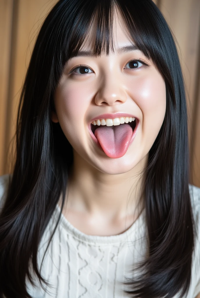 Girl, black hair, long hair , open your mouth wide and stick your ...