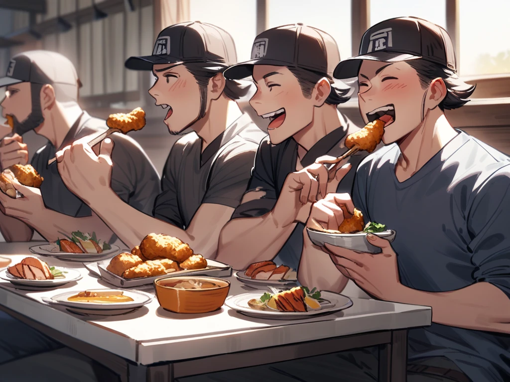 4 PUBG players eating chicken - SeaArt AI