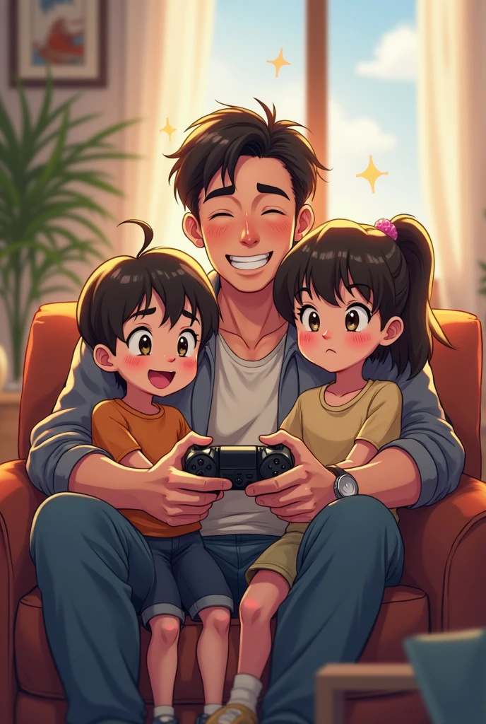 Father playing video games with his two ren. Stylish Anime version ...
