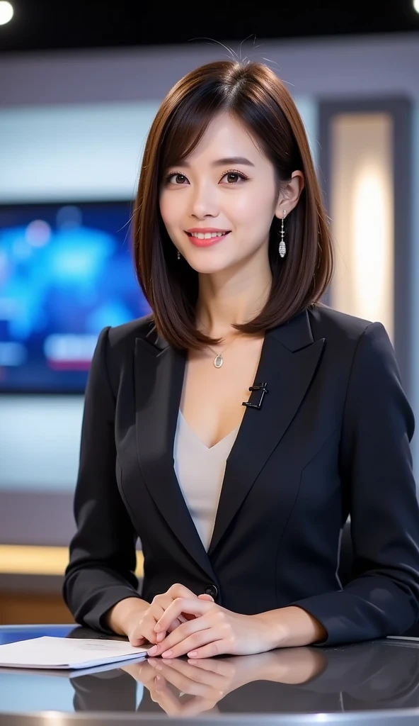 A poised and confident female news anchor with an elegant oval face ...