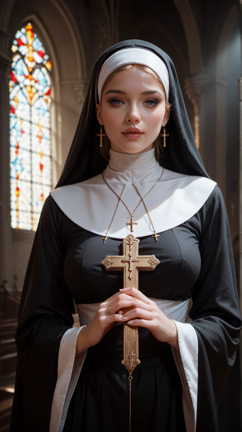Beautiful angelic nun with big holding a cross with her bare chest ...