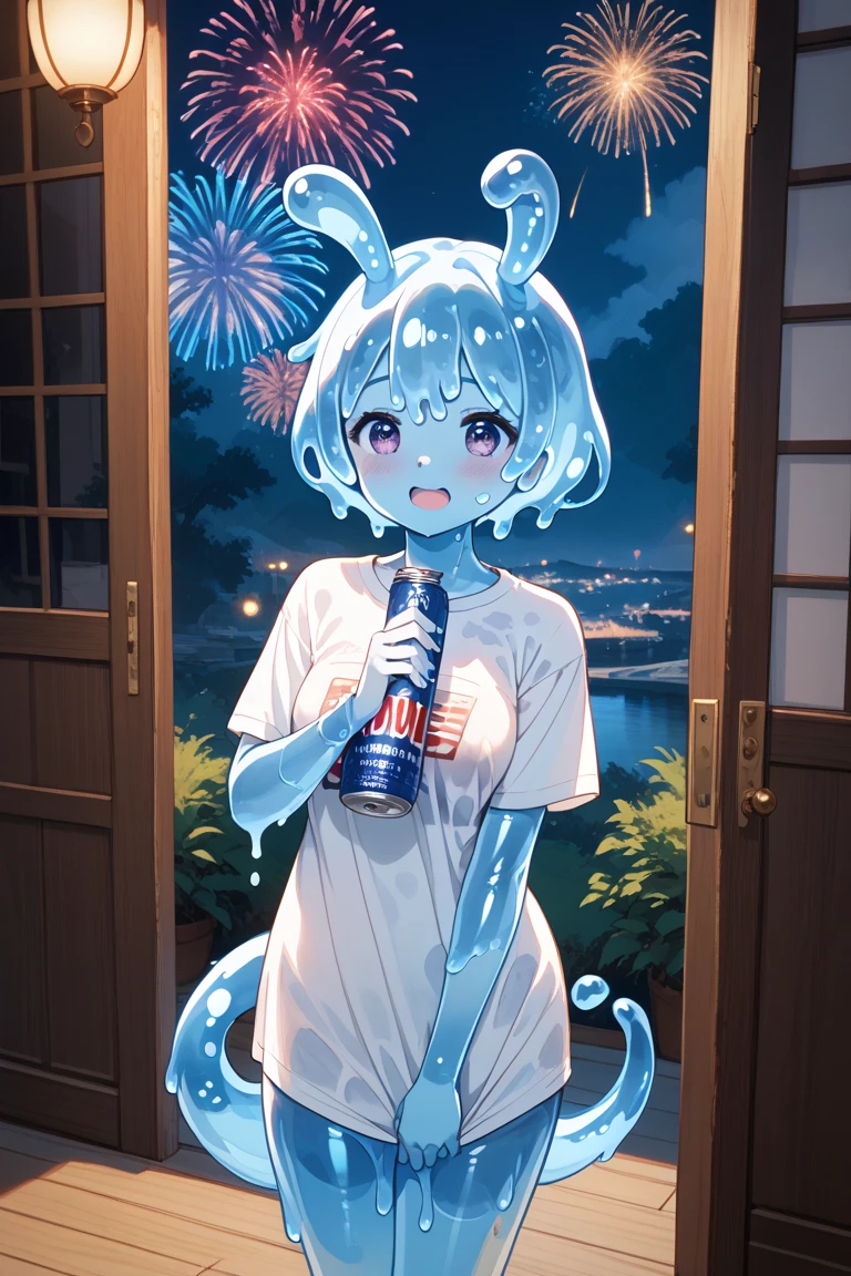 A cute, female slime monster girl composed entirely of translucent blue ...