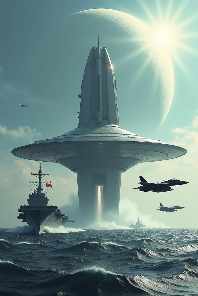 A huge UFO pops out of the sea，A huge planet hangs in the sky - SeaArt AI