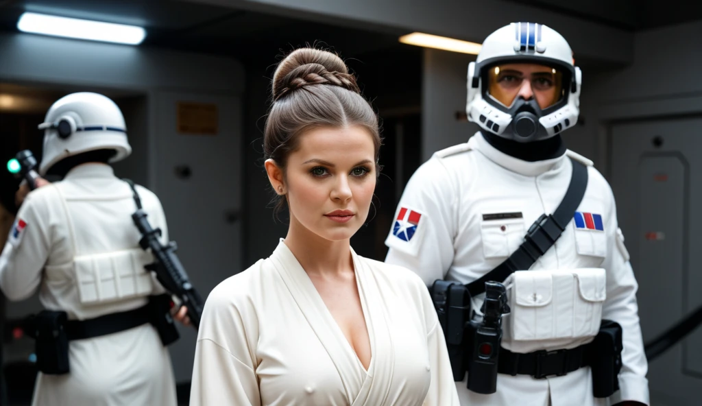 A powerful and commanding Princess Leia, standing in the heart of a ...