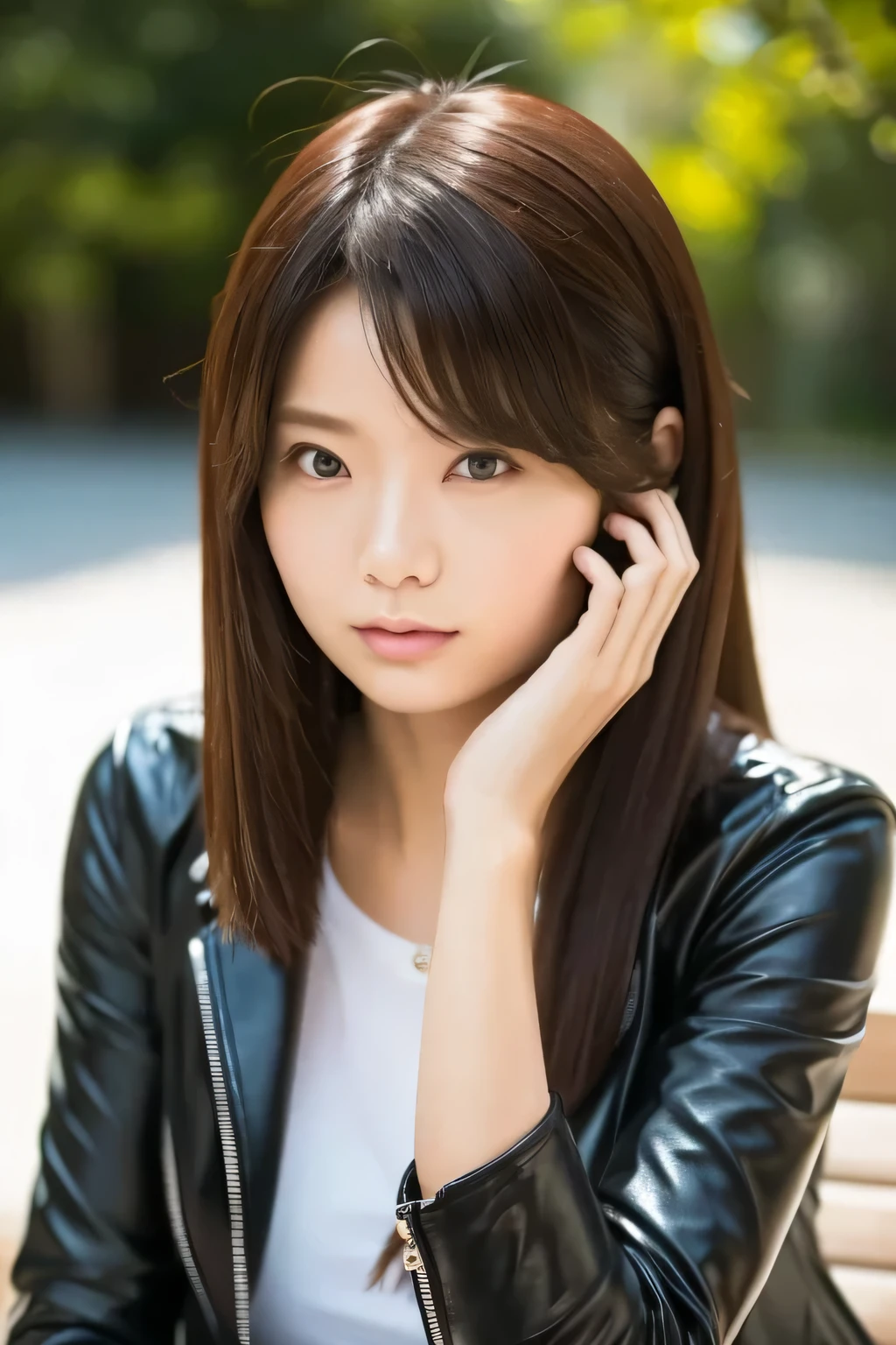 Person with long, loosely curled hair is wearing a black leather jacket ...