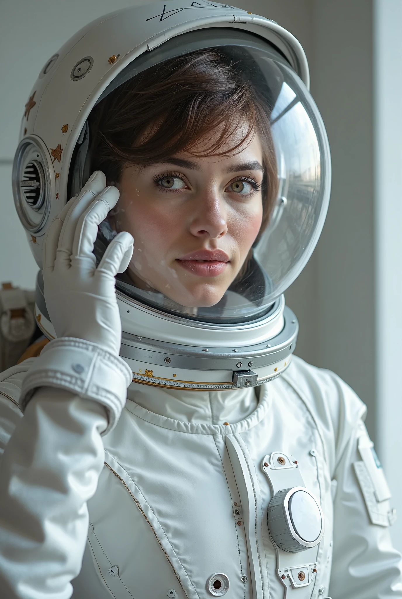 a female cosmonaut taking in very short hair beautiful space - SeaArt AI
