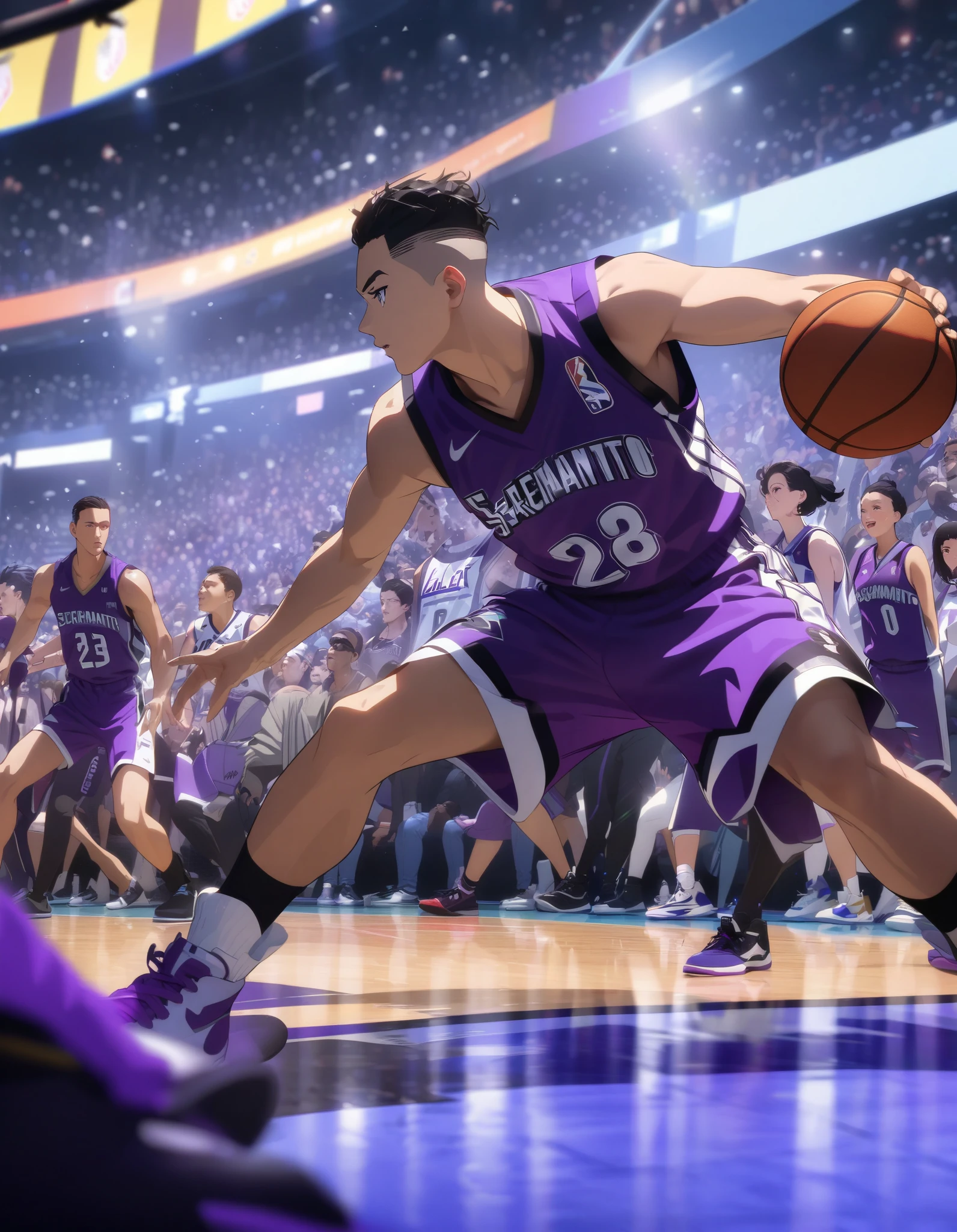 Arafed image of a basketball player in a purple uniform running with a ...