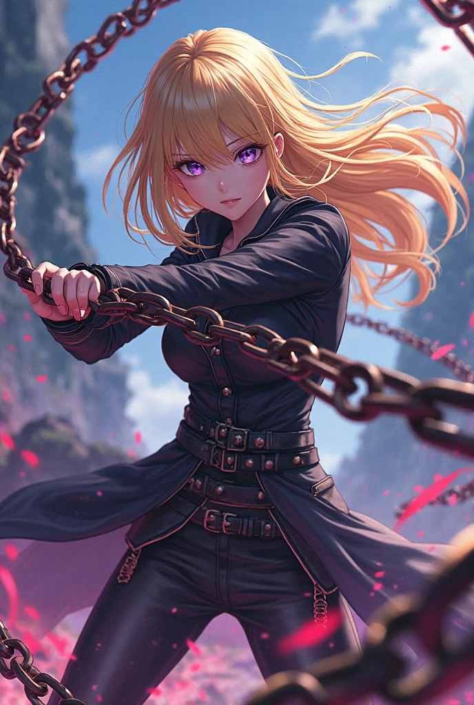 Create a female anime character with Blonde hair and Purplr eyes ...