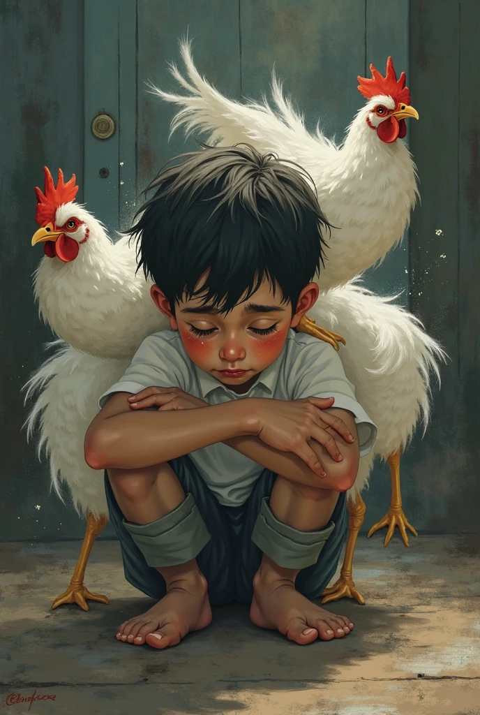 Boy crying in a room and his chickens soul is hugging him - SeaArt AI