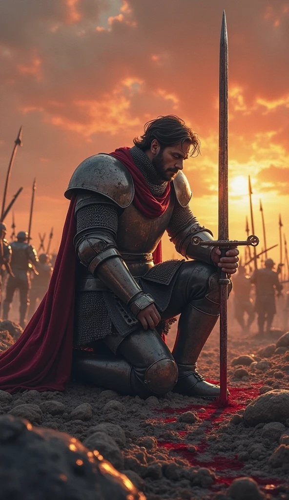 Create an image of a knight who has fought and defeated 1000 of enamies ...