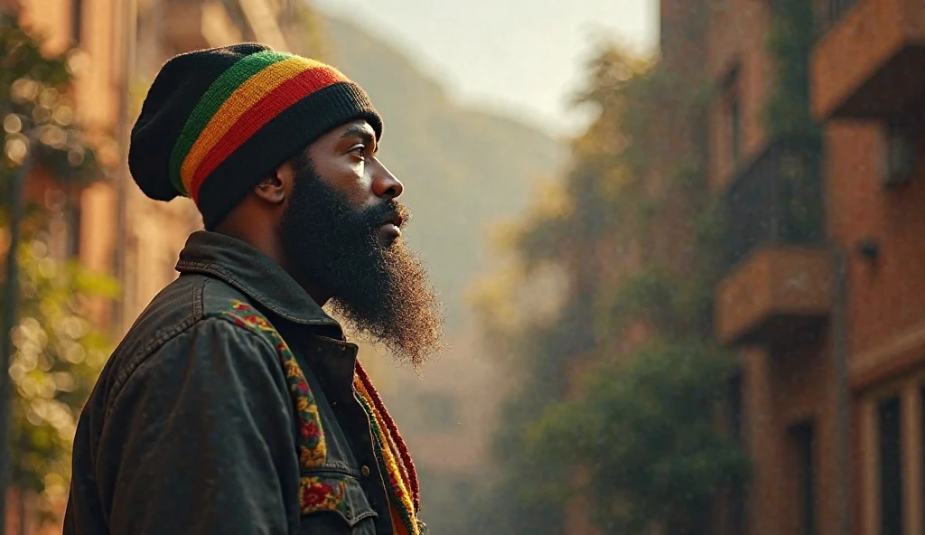 A powerful and contemplative Rastafarian man, positioned on the right ...
