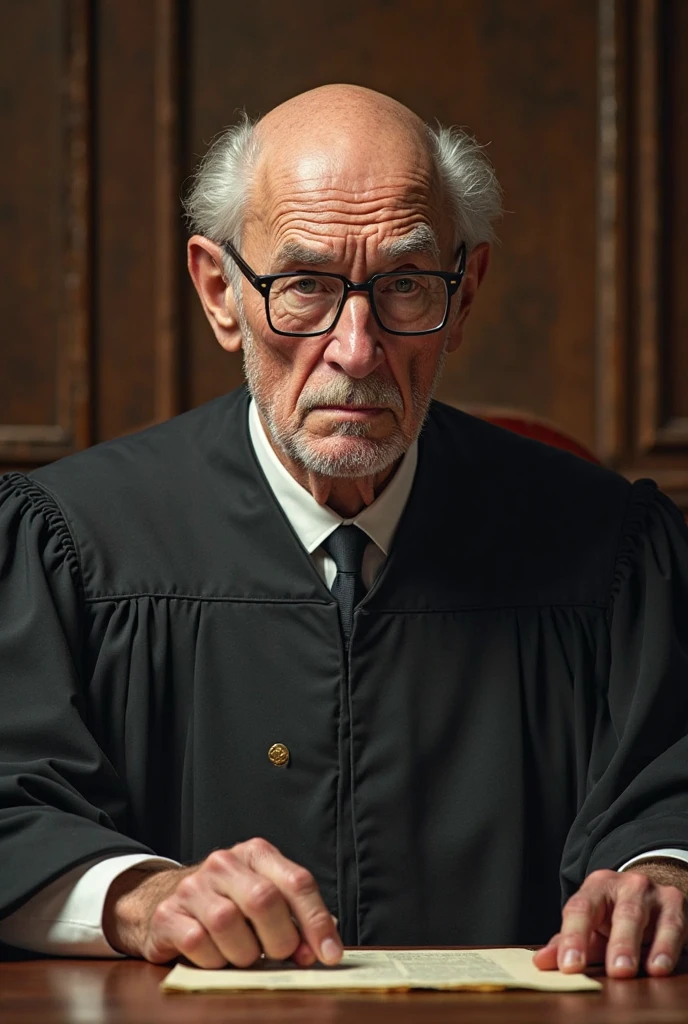 An elderly judge, stern and dignified, presiding from the courtroom ...