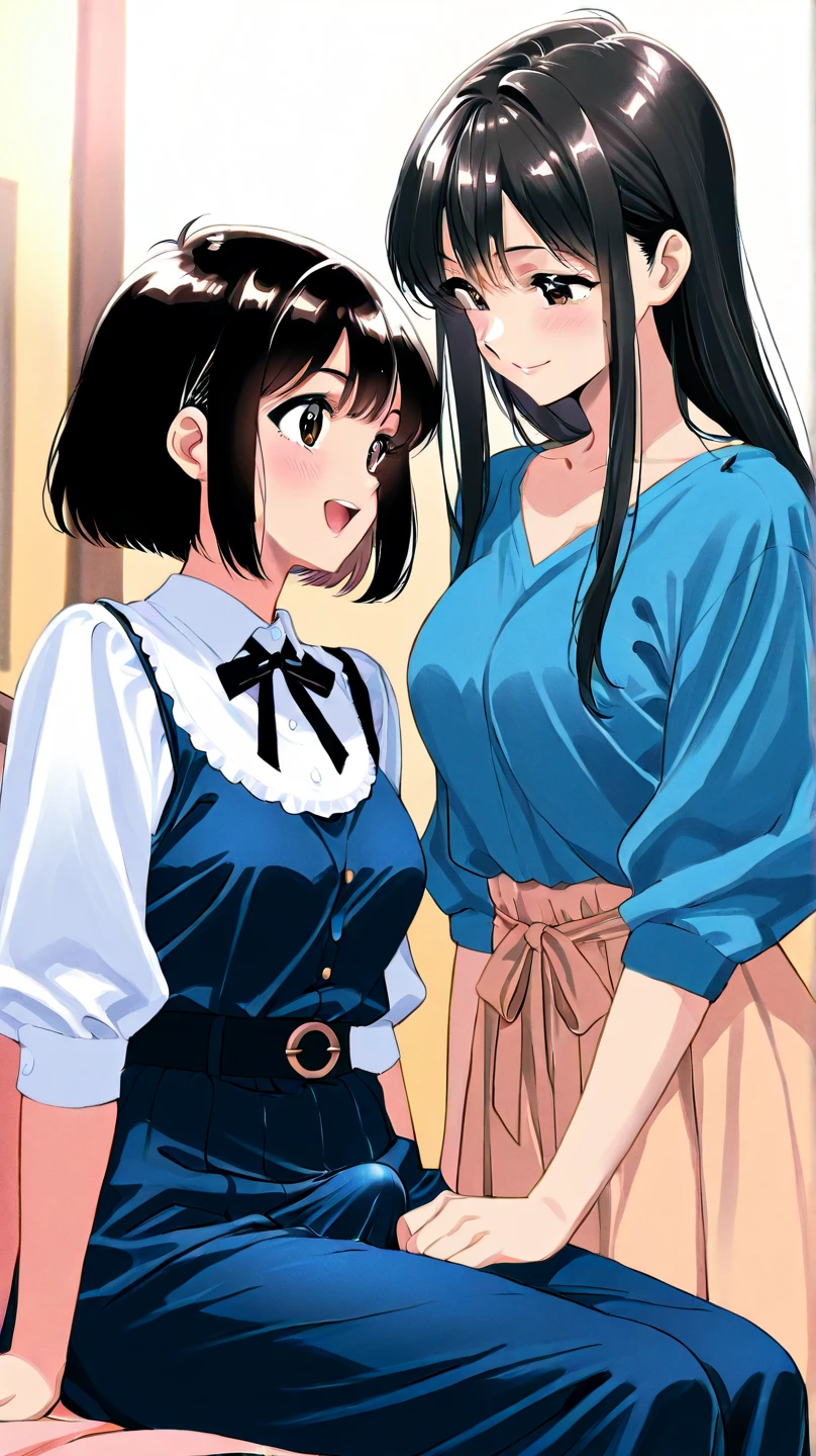 OL、 two women、short hair、long hair、 Hair、black hair、Cafe、Sitting down and having - SeaArt AI