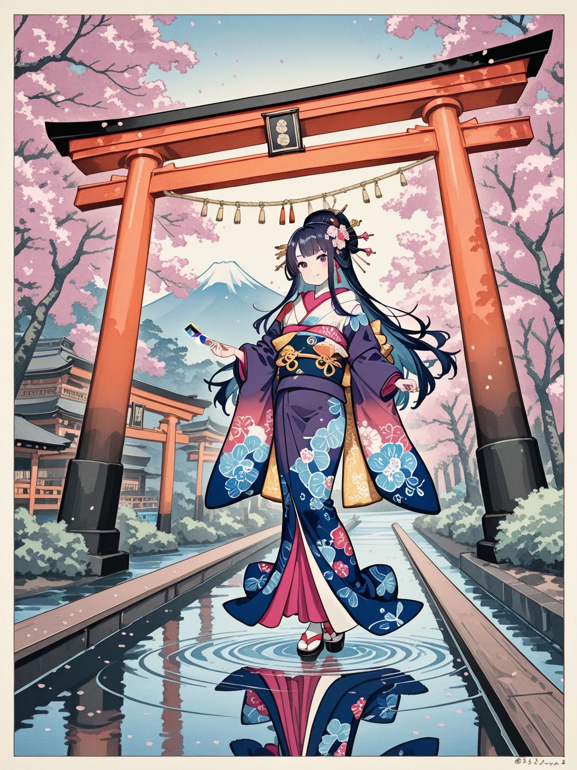 Edo period sakura grove at dusk, cascading branches heavy with double ...