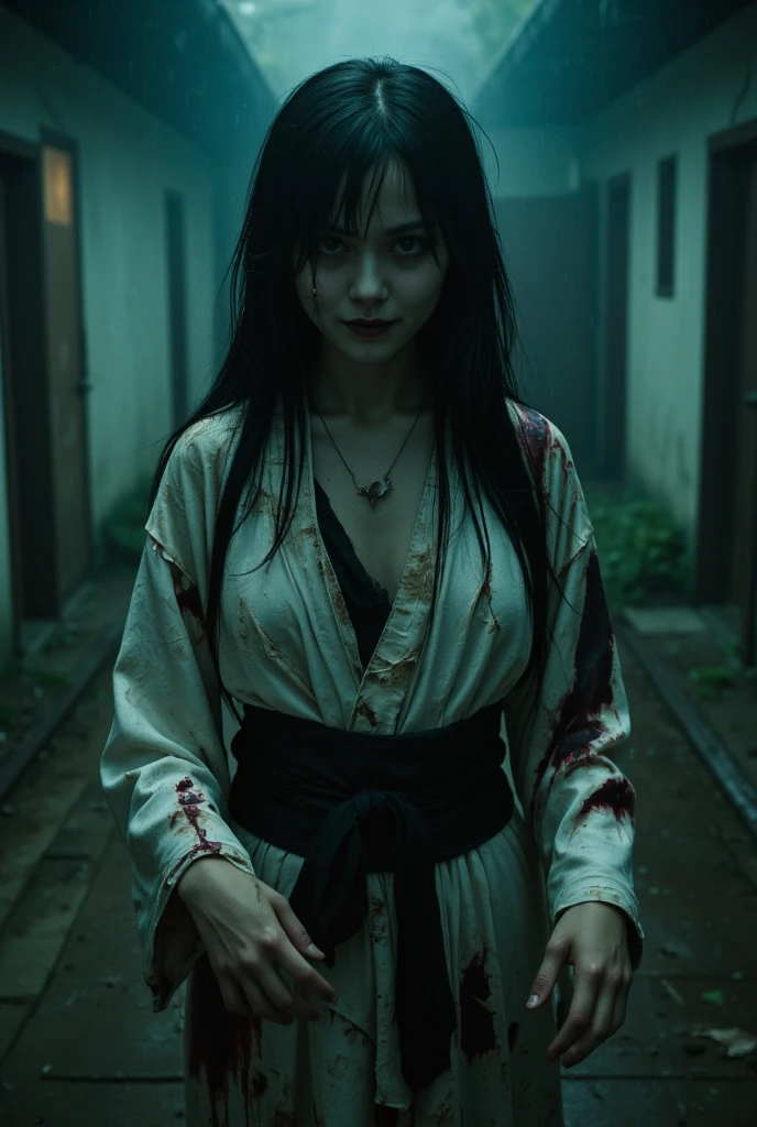 A realistic, full-body depiction of a terrifying female oni - SeaArt AI