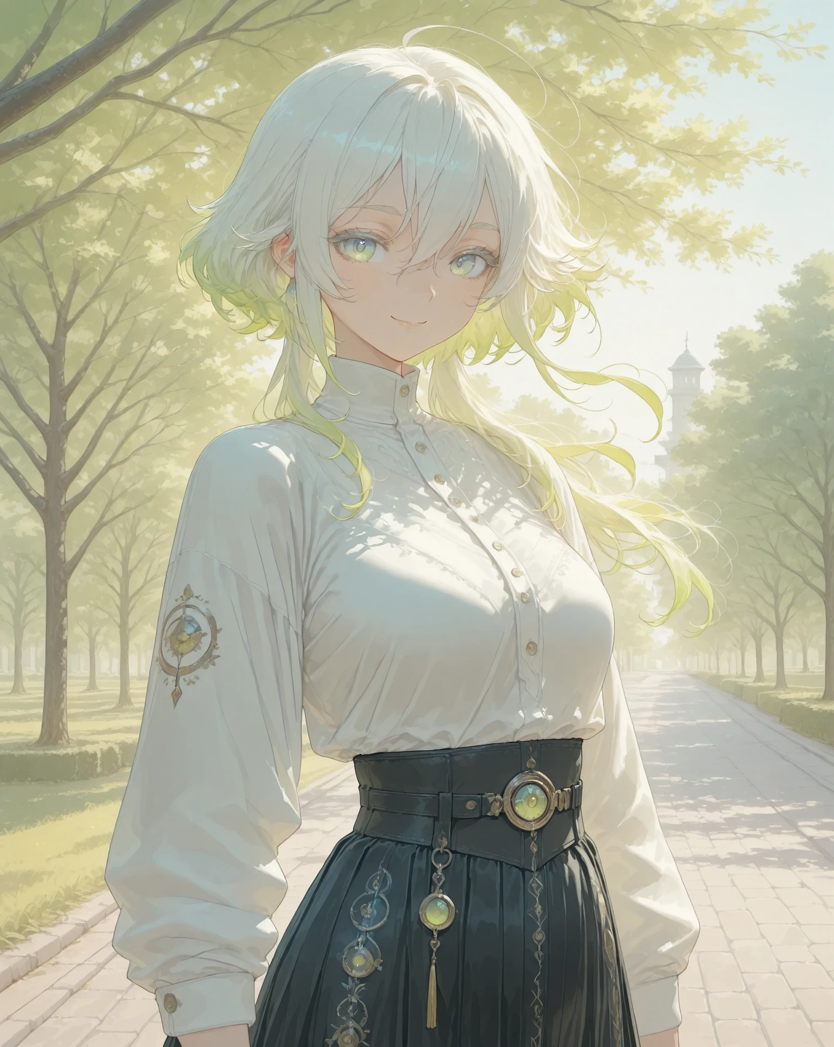 Anime girl with long blonde hair and white shirt standing in a park ...