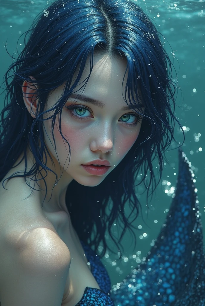 A prince mermaid. Shiny dark blue hair, shoulder-length and often wet ...