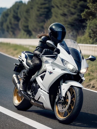 Triumph, Rocket 3, female rider, speeding down a straight road, messy ...