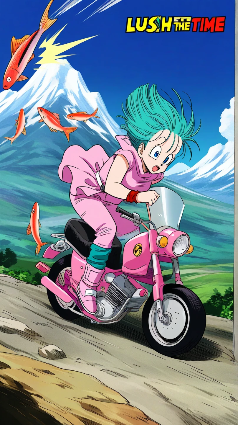 "Bulma meeting Goku for the first time, a surprised Bulma in a pink ...