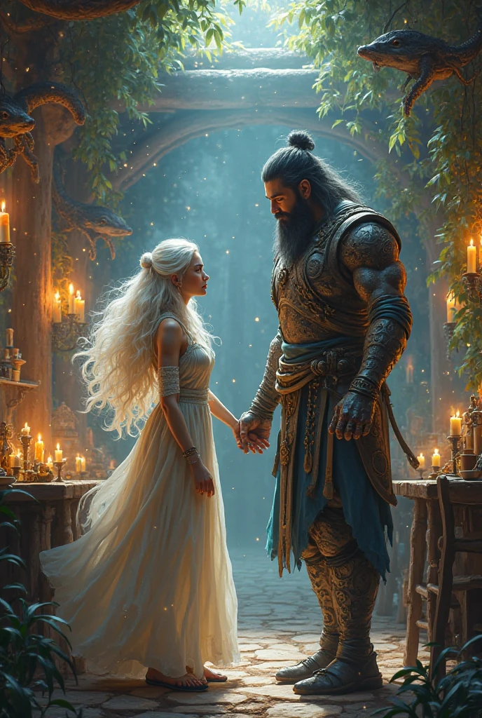 A fantasy tavern where a mighty witch with sweet appearance and white ...