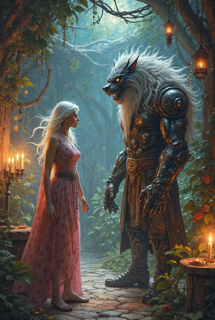 A fantasy tavern where a mighty witch with sweet appearance and white ...