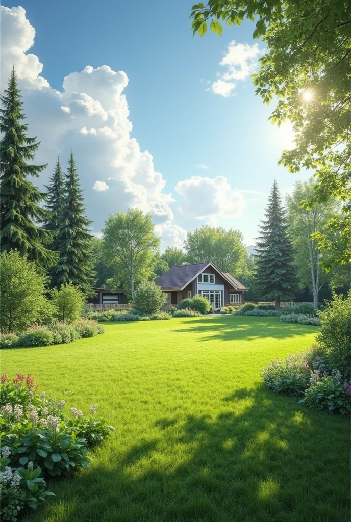 Summer country landscape with a green lawn, surrounded by lush ...