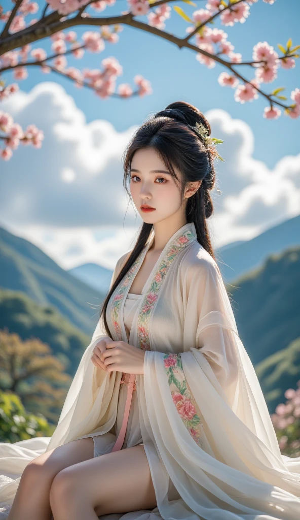 With blue sky and white clouds， Mountains in the Distance ，Pink flowers - SeaArt AI