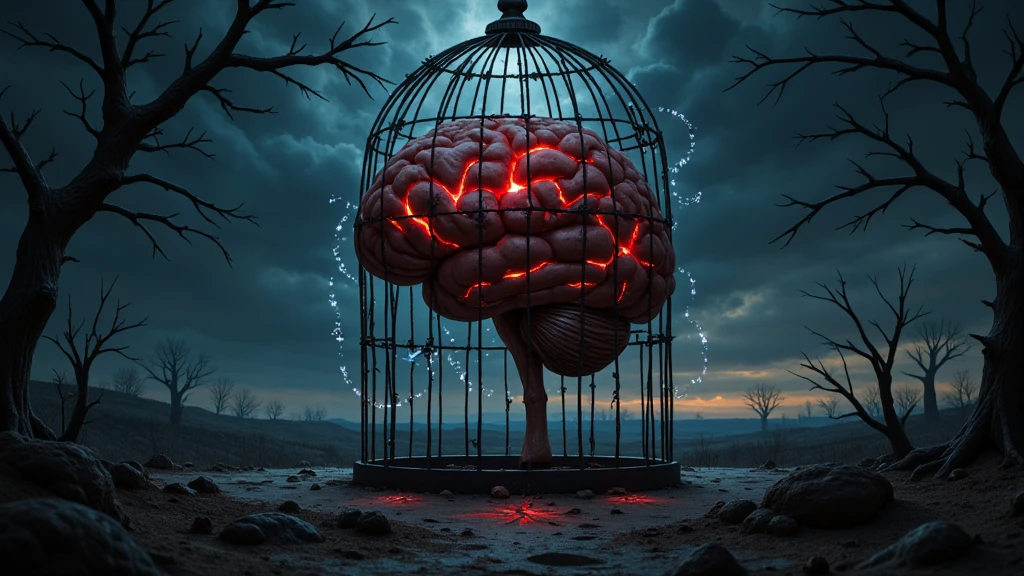 Create a dark and oppressive scene that represents the urgent escape of ...