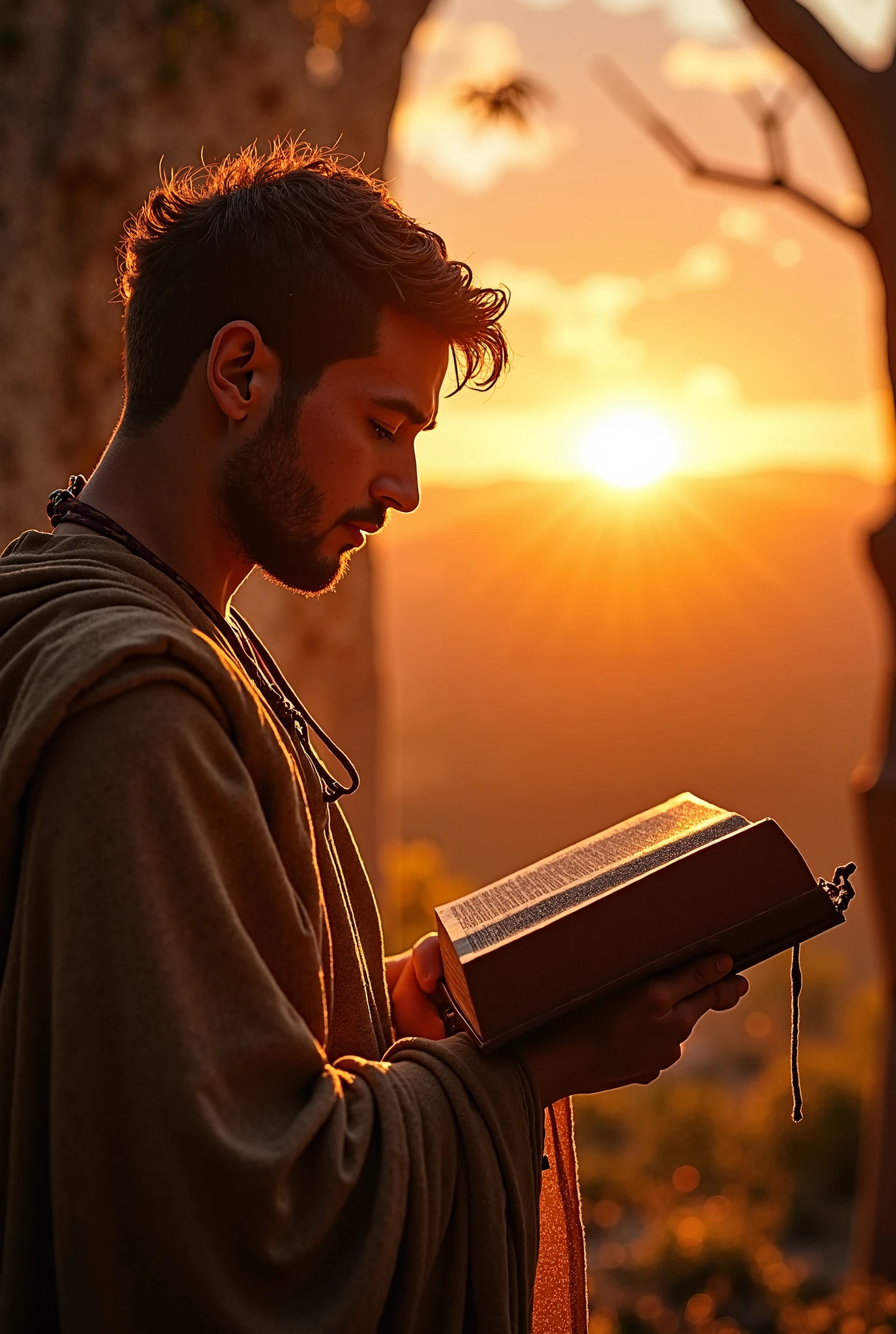 Arafed man in a brown robe reading a book in the sunset - SeaArt AI