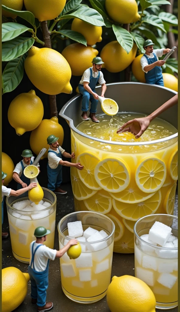 A group of tiny workers squeezing giant lemons, collecting the juice in ...