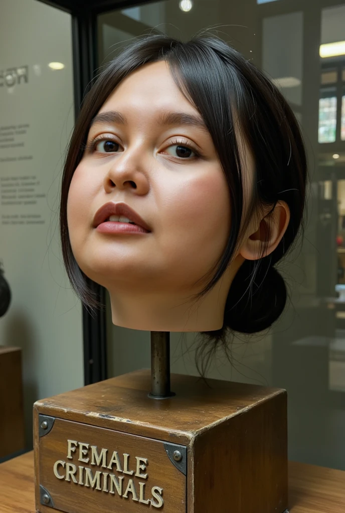 The head of a beautiful Indonesian woman without a neck shows a little ...