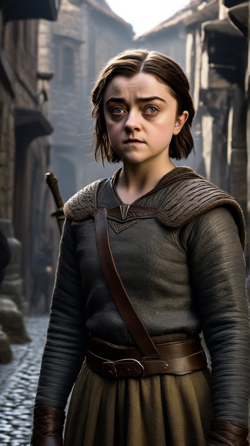 Create a photorealistic, 8K photograph of a 3- Arya Stark, resembling a ...