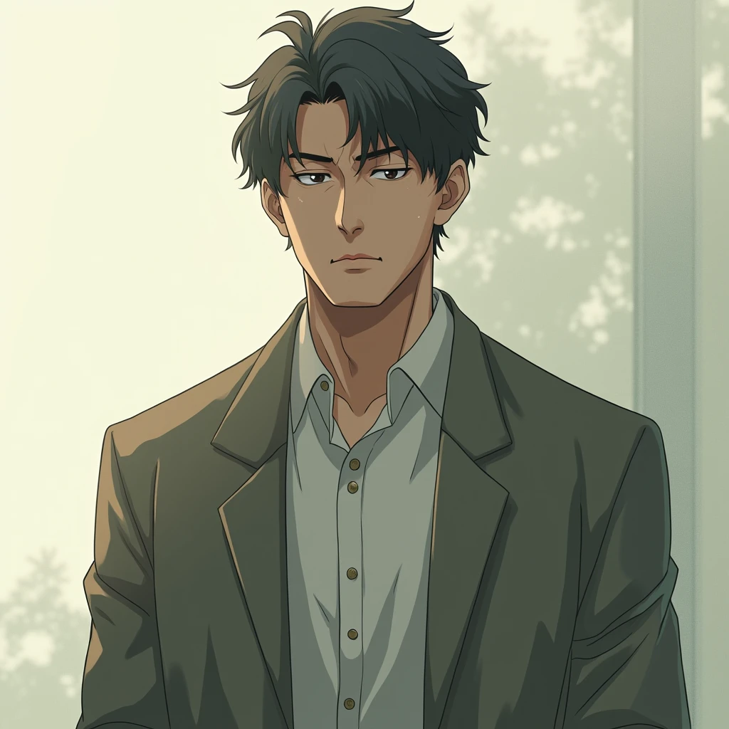 Anime 40s years old man kinda sad, full body. - SeaArt AI