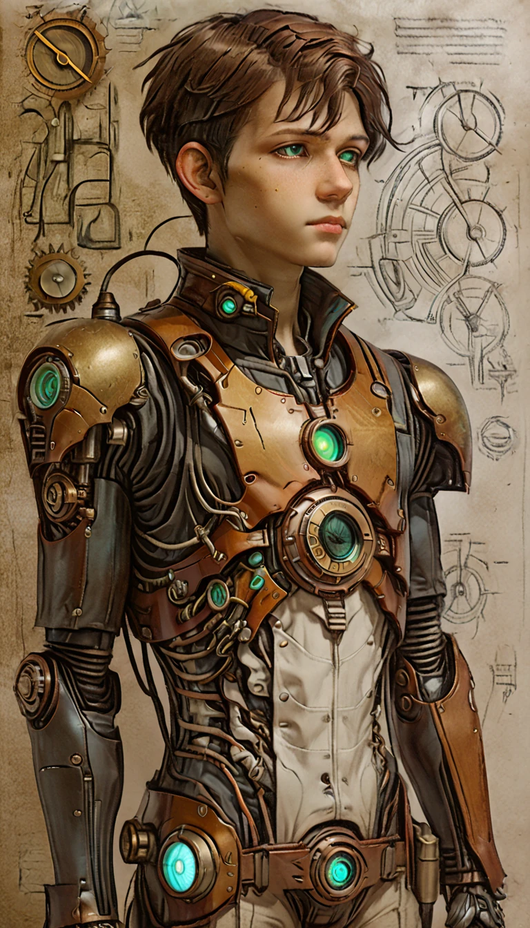 There is a boy cyborg with real mechanical skin that has the appearance ...