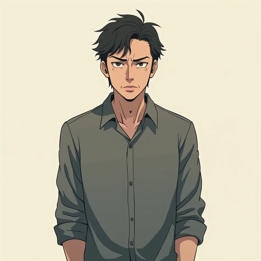 Dad anime 40s years old man kinda sad, full body. blank background ...
