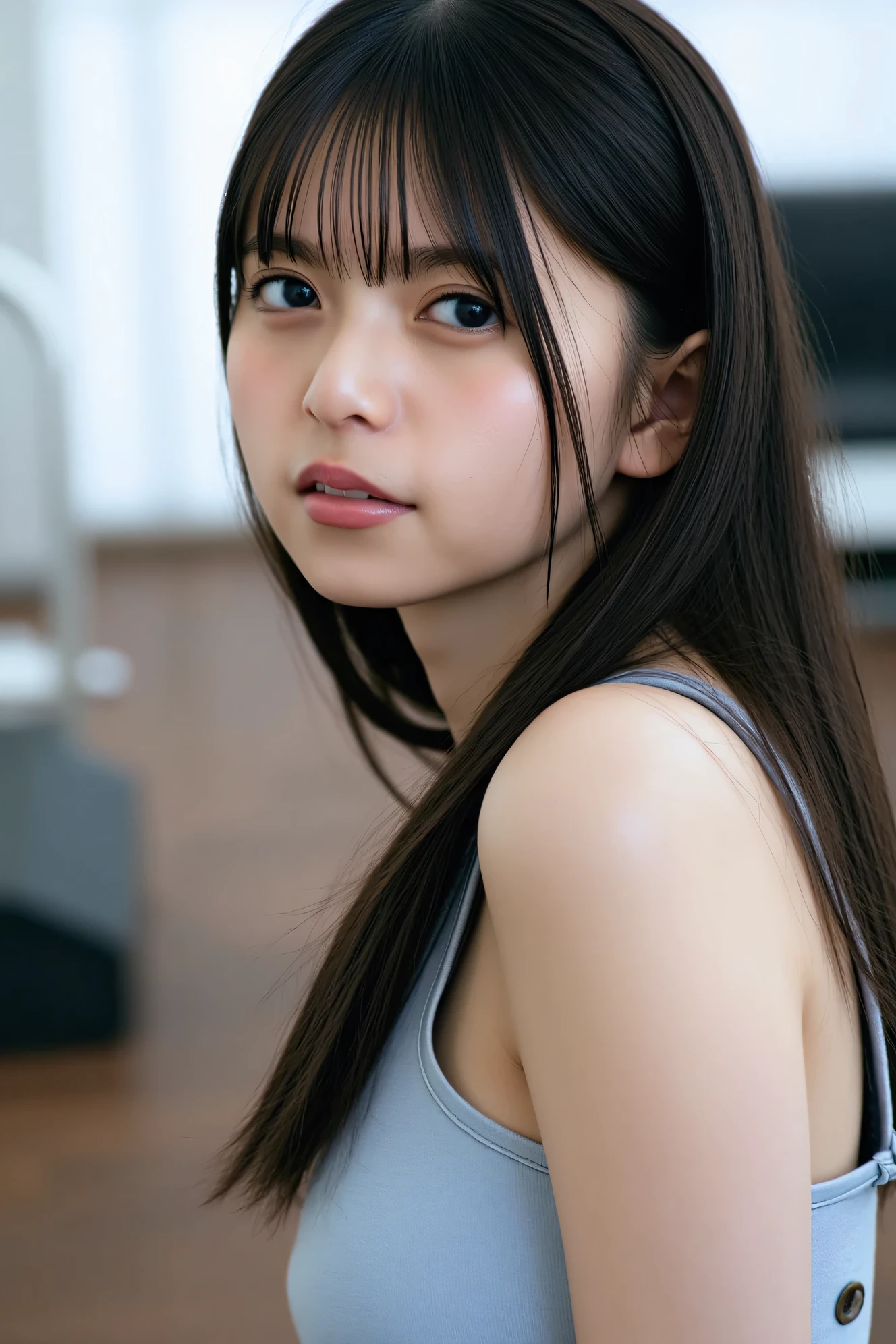 A close up of a woman with long hair and a gray top - SeaArt AI