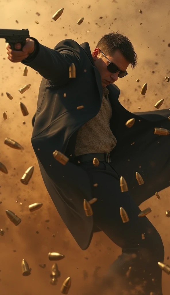 A man in a coat and sunglasses dodging bullets bending his body ...