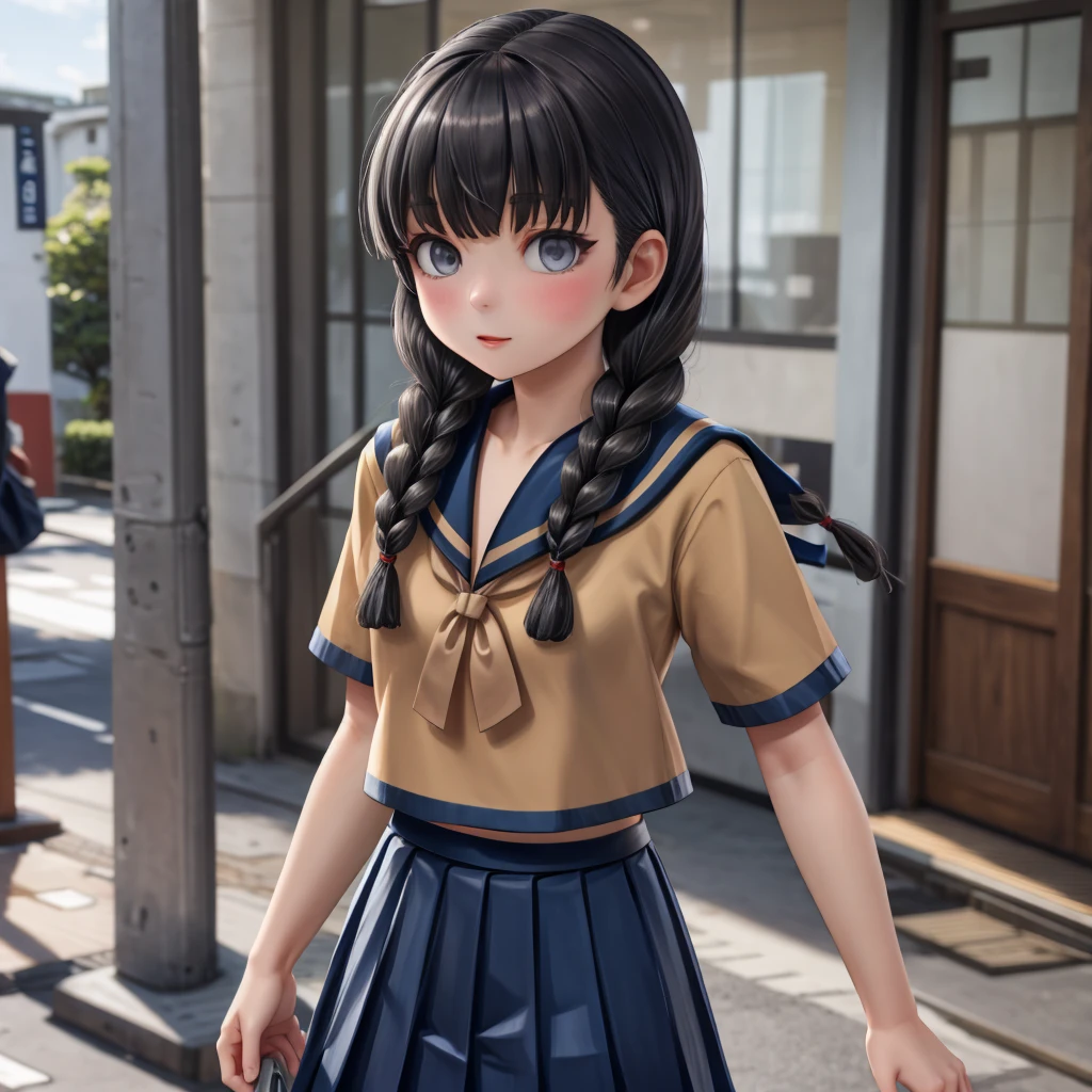 MomochiKC, 1girl, solo, long hair, grey eyes,skirt, shirt, school ...