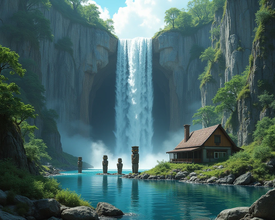 Create a house with a waterfall with a cave behind the waterfall and a ...