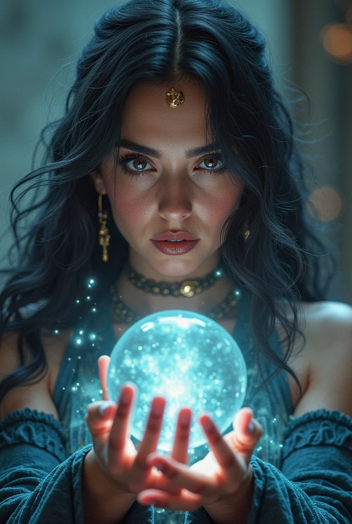 A close up of a woman holding a crystal ball in her hand, maya ali ...