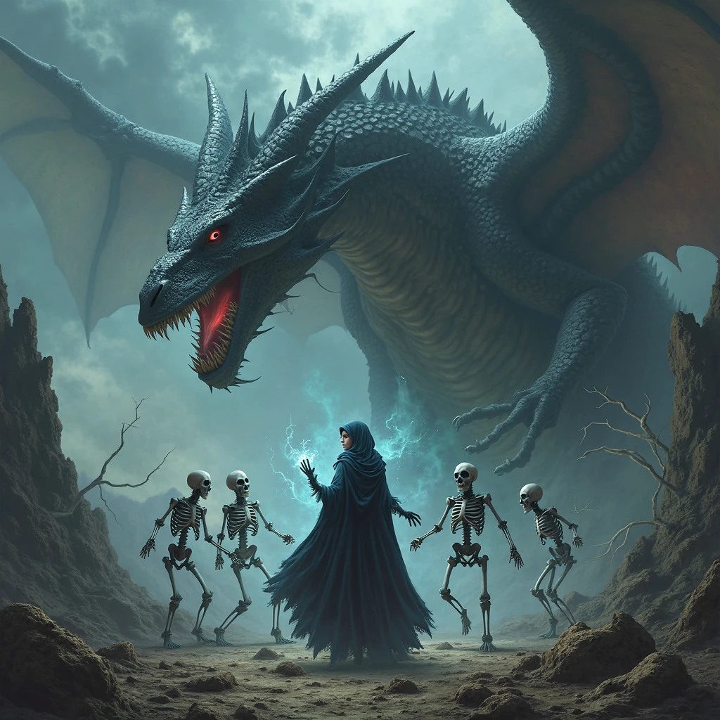 A beautiful witch with skeleton servants fights a huge dragon - SeaArt AI