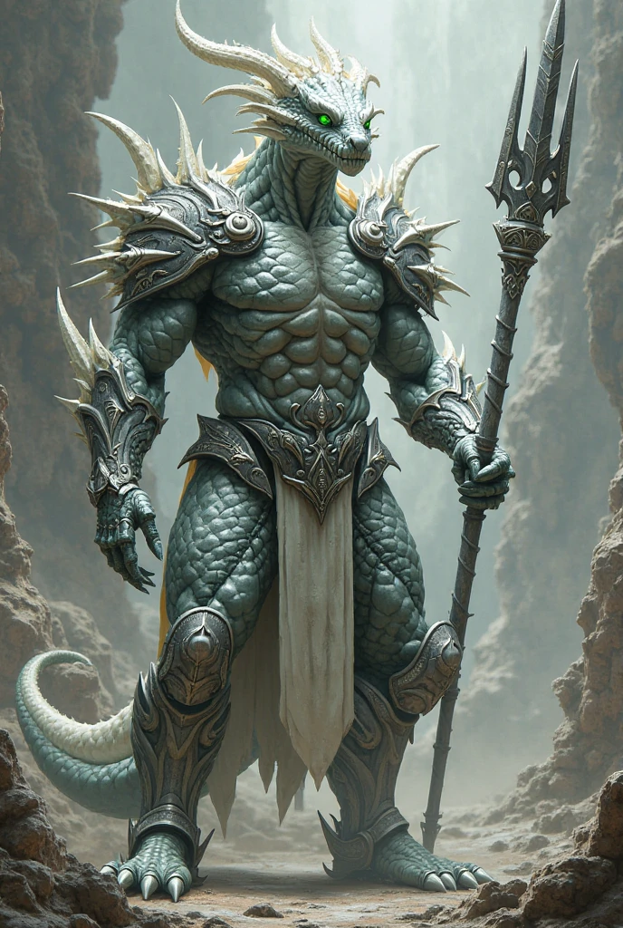 A draconid with gray armor and white scales, green eyes with a spear ...