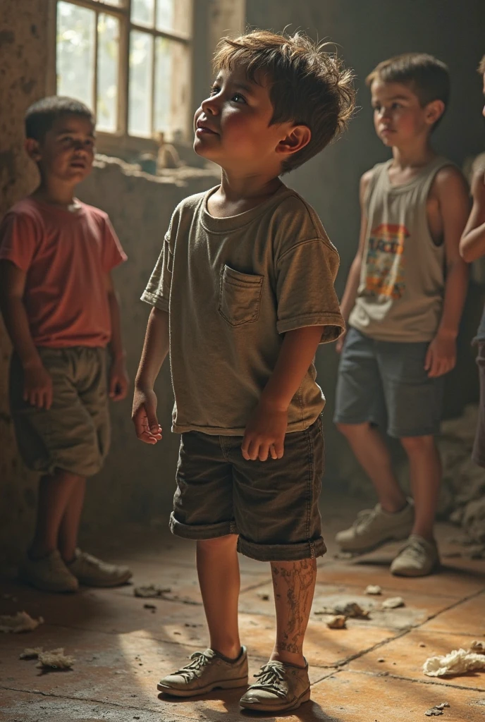 Na escola, A boy without a leg, using a wooden leg, is the subject of ...