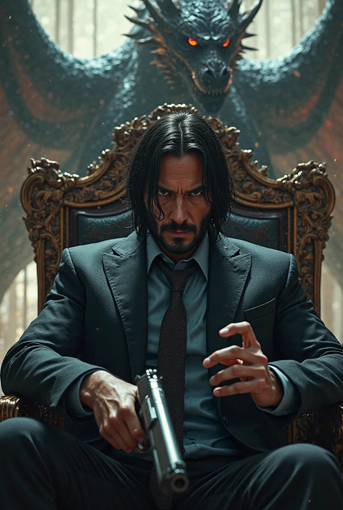 Jhon Wick with pissed off image close-ups in 4k , sitting on a throne ...