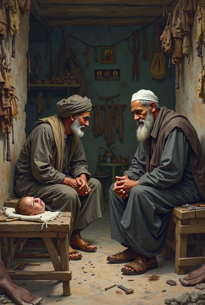 I need an image of a poor cobbler's shop, where a Shia Molana is ...