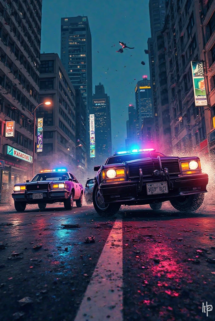 Can you create a GTA-like 2D image for me Of a police car colliding ...