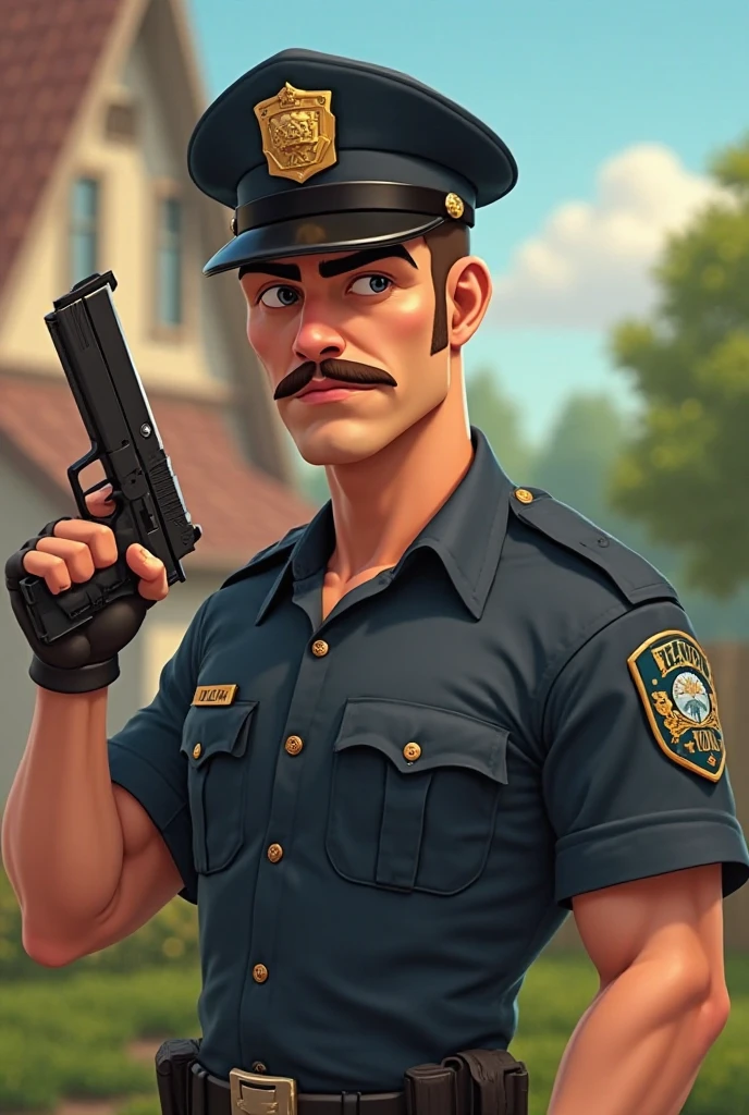 A tough-looking cop , with a serious face . He has short hair and a ...